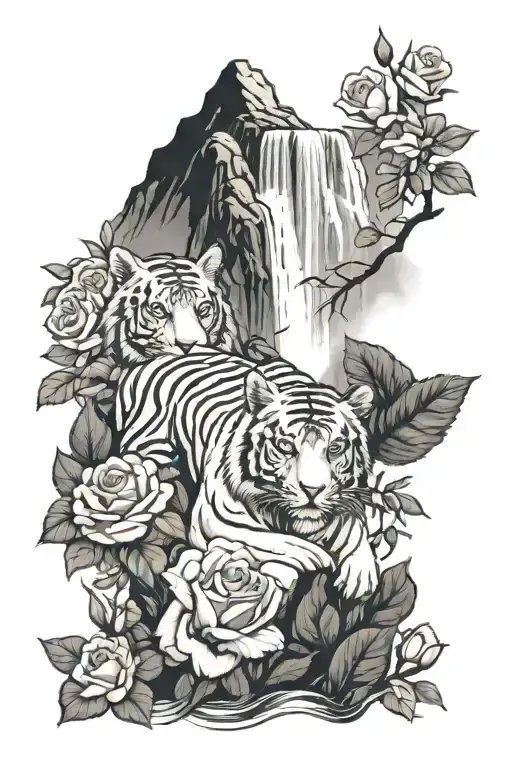Black and Grey "Mountain Waterfall With Roses And Tiger" Tattoo ...