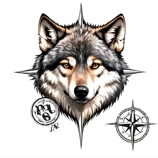 Realism "Wolf Face And Compass Rose" Tattoo - BlackInk AI