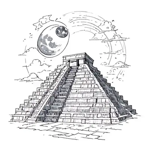 Sketch "Chichen Itza With Sun And Moon Above" Tattoo - BlackInk AI