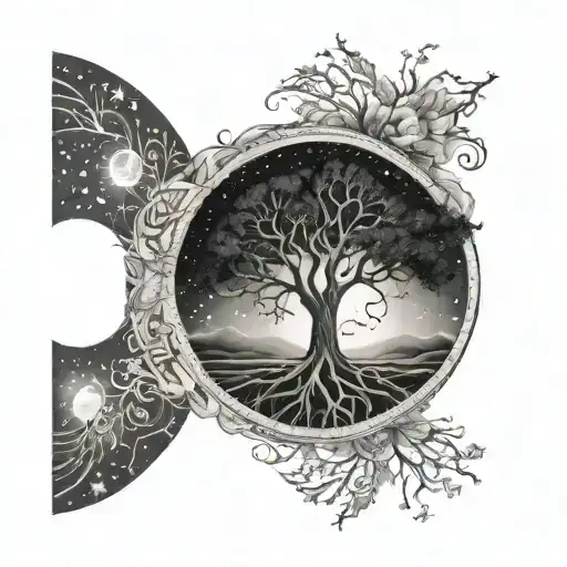 Black and Grey "A Split Design Showcasing The Tree Of..." Tattoo ...