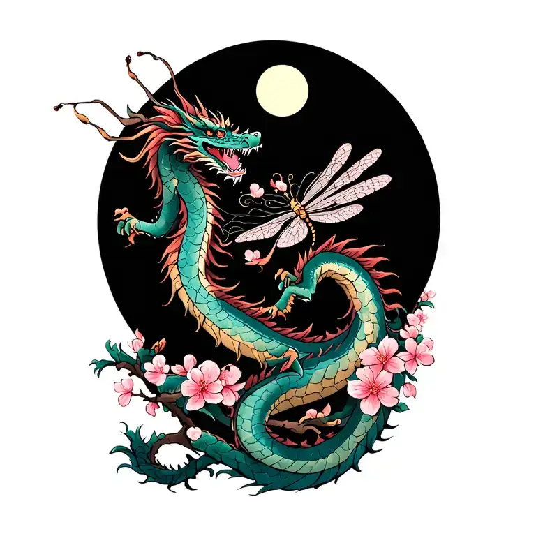 Japanese "The Dragon Flies Up To The Moon And On..." Tattoo - BlackInk AI