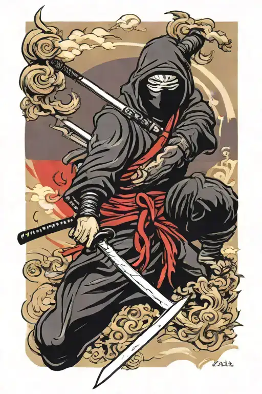 Japanese "Ninja With Katana With Rising Sun Rising" Tattoo - BlackInk AI