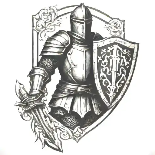 Blackwork "Knight Holding A Shield Adorned" Tattoo - BlackInk AI