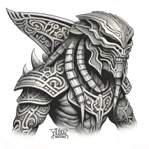 Black and Grey "Polynesian Yautja Predator" Tattoo - BlackInk AI