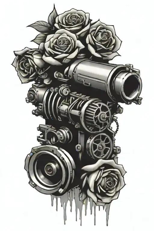Black and Grey "Roses Guns Car Engine" Tattoo - BlackInk AI