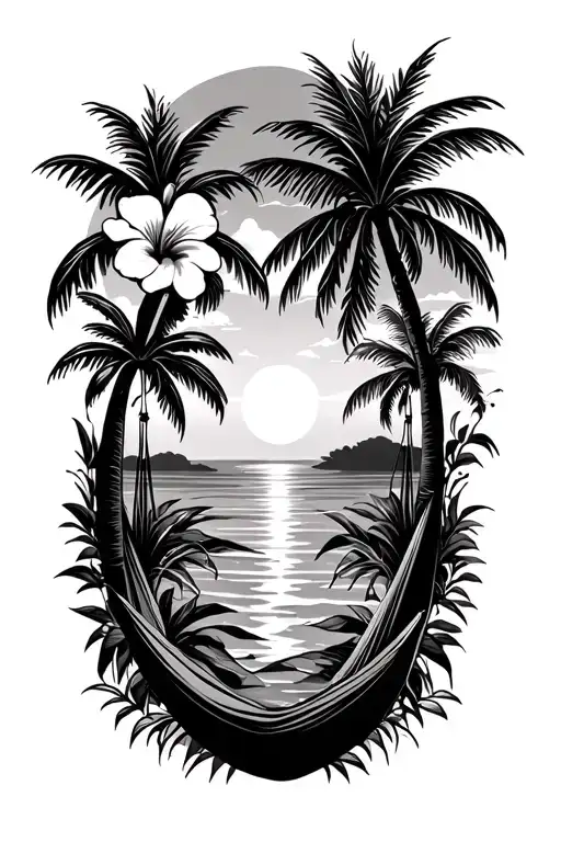 Black and Grey "Hammock Between Palm Trees, Hibiscus..." Tattoo ...