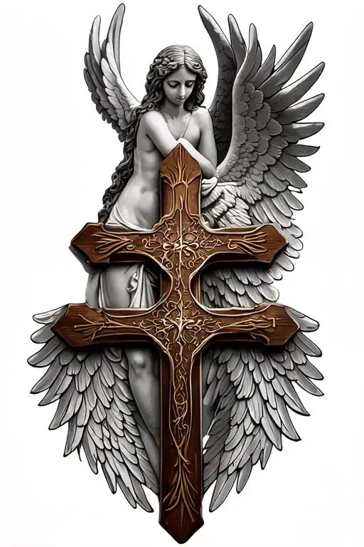 Realism "Cross With Angel Wings" Tattoo - BlackInk AI