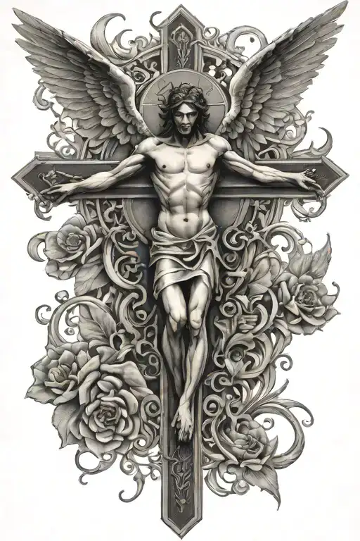 Black and Grey "Crucifix With Angel Wings On The Whole..." Tattoo ...