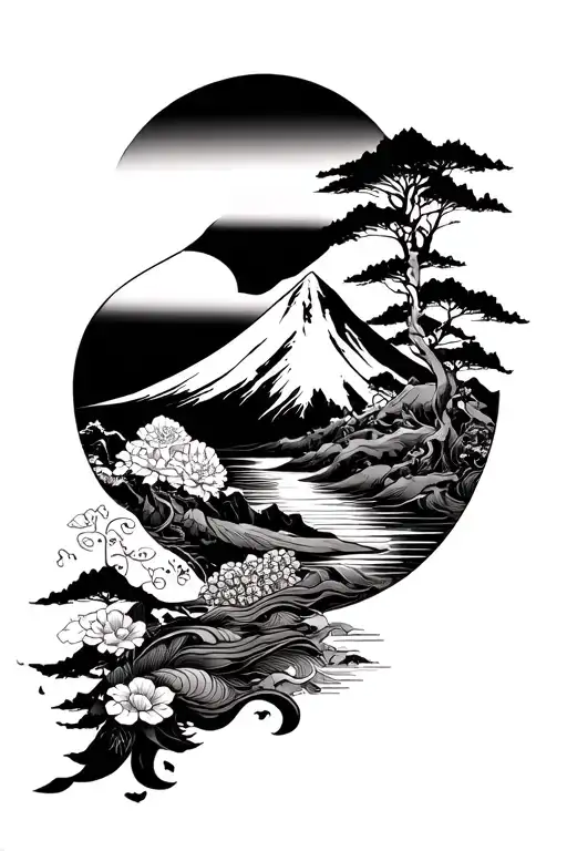 Neo-Traditional "Monte Fuji Fine Line Tattoo" Tattoo - BlackInk AI