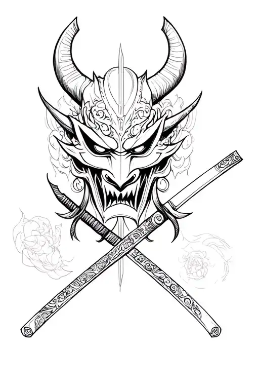 Sketch "Oni Mask With Katana Symetrical" Tattoo - BlackInk AI