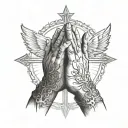 Black and Grey "Praying Hands With Rays, Three Jesus..." Tattoo ...