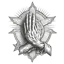 Black and Grey "Praying Hands With Rays, Three Jesus..." Tattoo ...