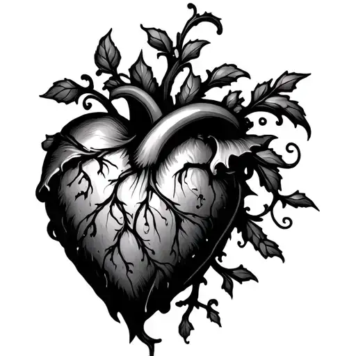 Black and Grey "Heart And Vines Growing" Tattoo - BlackInk AI