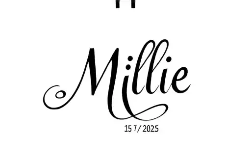 Calligraphy Font ""Millie 15-07-2025"" Tattoo - BlackInk AI