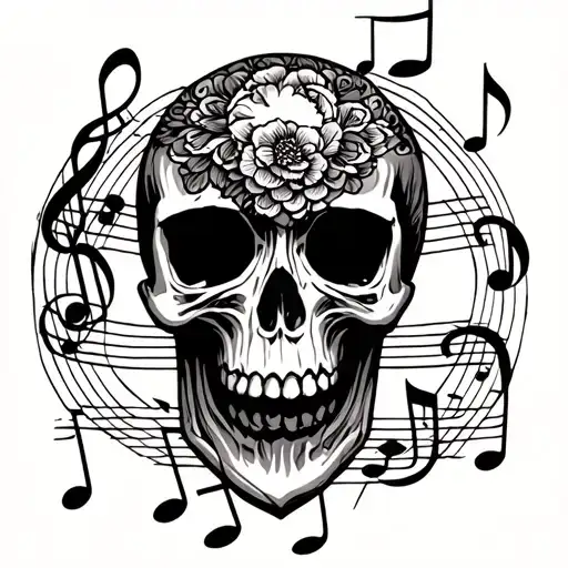 Japanese "Skull Surrounded By Musical Notes" Tattoo - BlackInk AI