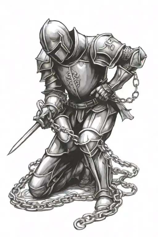 Black and Grey "Knight Kneeling In Chains" Tattoo - BlackInk AI