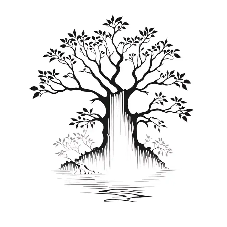Stencil "Family Tree With Waterfall" Tattoo - BlackInk AI