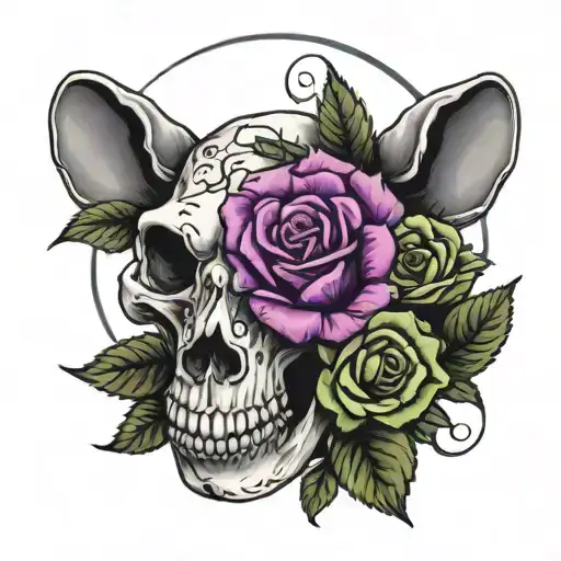 Black and Grey "Rat Skull With Purple Roses And Green..." Tattoo ...
