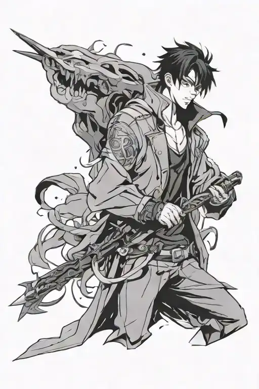 Black and Grey "Solo Leveling Anime Jin Woo" Tattoo - BlackInk AI