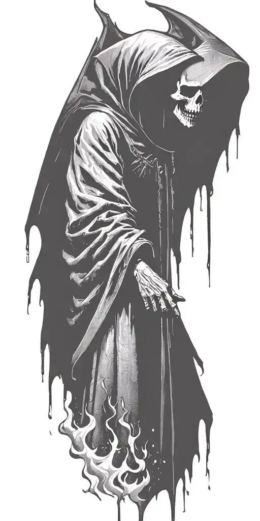 Dotwork "Hooded Reaper Silohuette, Smoke, Fire,..." Tattoo - BlackInk AI