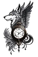 Black and Grey "Honor Clock, Angel Wing, Wolf" Tattoo - BlackInk AI