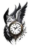 Black and Grey "Honor Clock, Angel Wing, Wolf" Tattoo - BlackInk AI