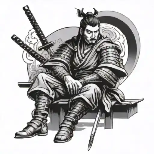 Black and Grey "Samurai Sitting Down Front View" Tattoo - BlackInk AI