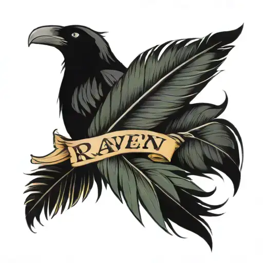 Neo-Traditional "Raven Feather And Name Jamie" Tattoo - BlackInk AI