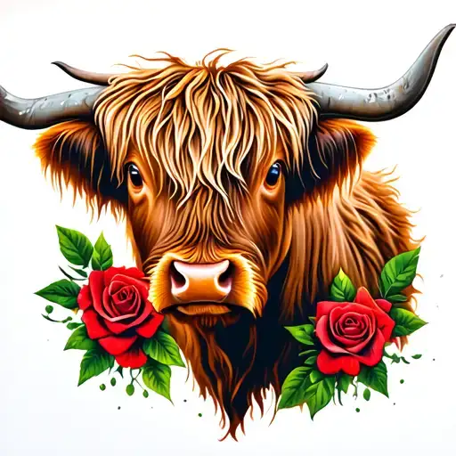 Realism "Highland Cow With Roses" Tattoo - BlackInk AI