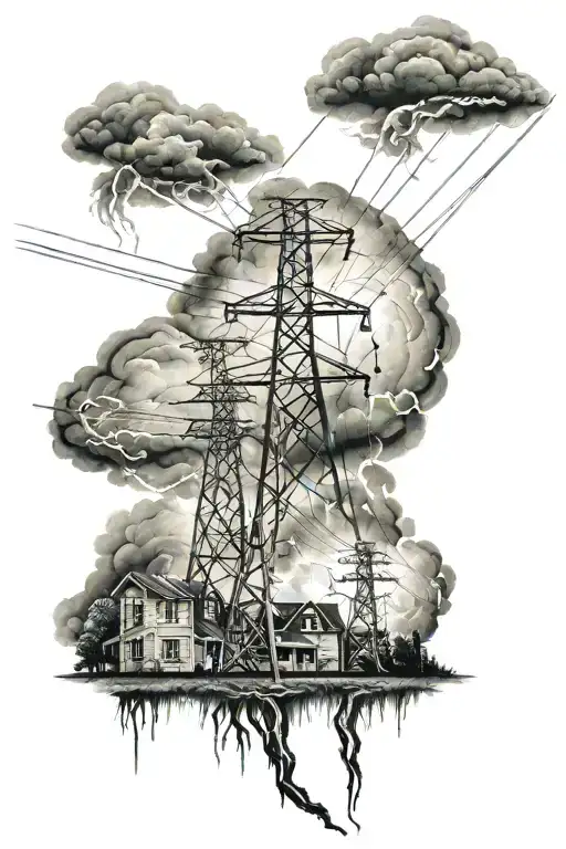 Realism "Power Lines With Lightening Storm" Tattoo - BlackInk AI