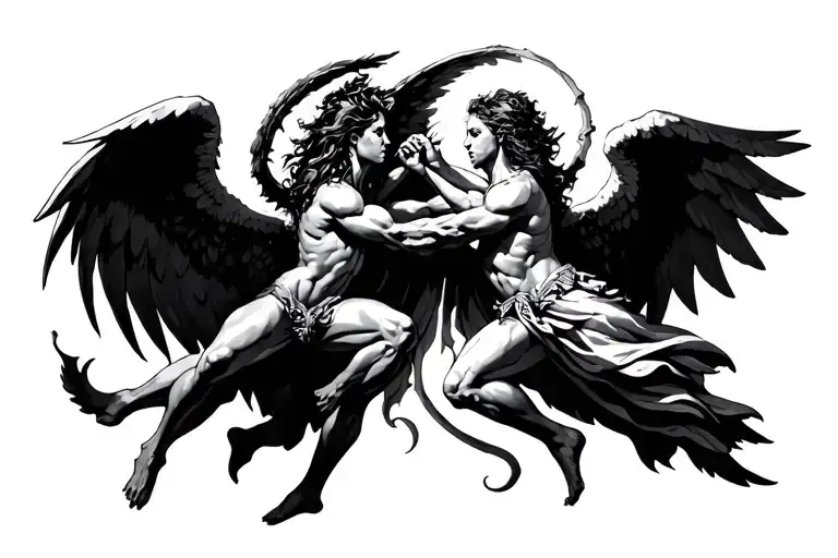 Black and Grey "Angels And Demons Fighting Each Other" Tattoo - BlackInk AI