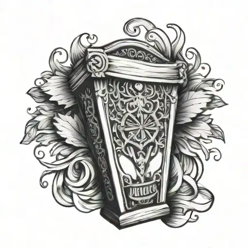 Black and Grey "Tall Coffin With Banner Ribbon Across" Tattoo - BlackInk AI