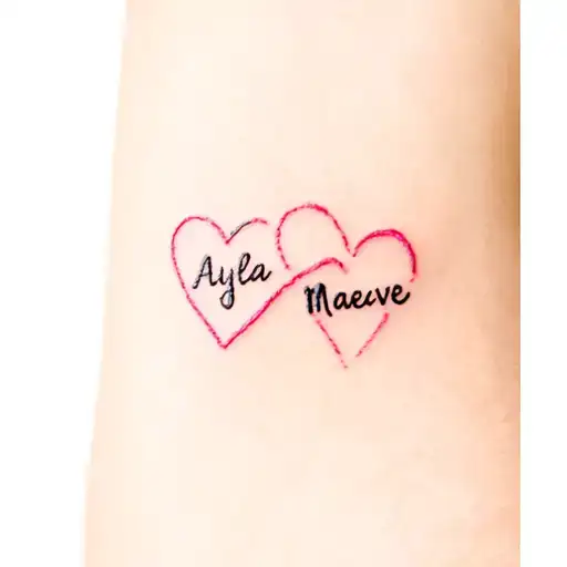 Minimalist "Two Hearts With Names "Ayla" And..." Tattoo - BlackInk AI