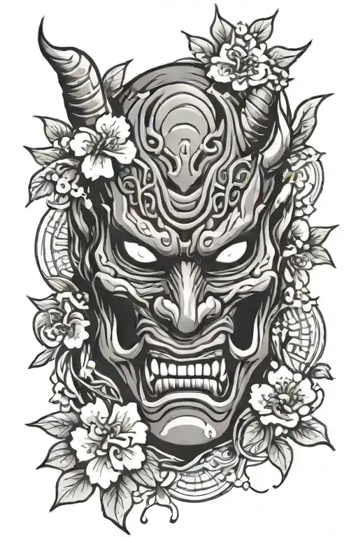 Black and Grey "Broken Oni Mask With Cherry Blossoms" Tattoo - BlackInk AI