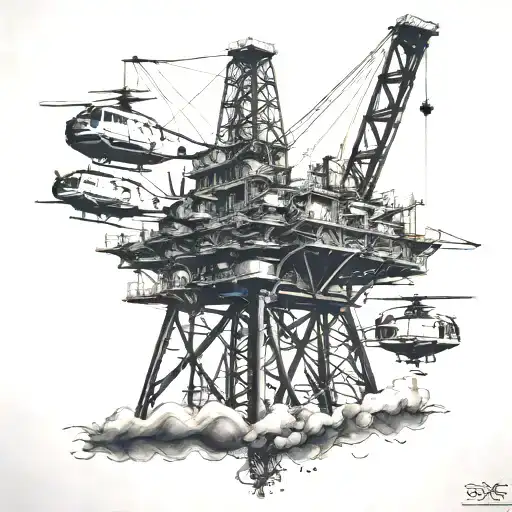 Blackwork "Offshore Oil Rig, Helicopter Flying" Tattoo - BlackInk AI