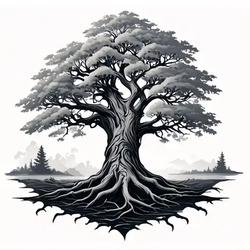 Black and Grey "Elder Tree" Tattoo - BlackInk AI
