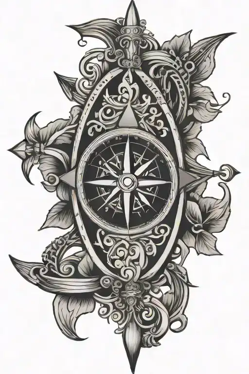 Black and Grey "Compass And Irish Harp And Arrow..." Tattoo - BlackInk AI