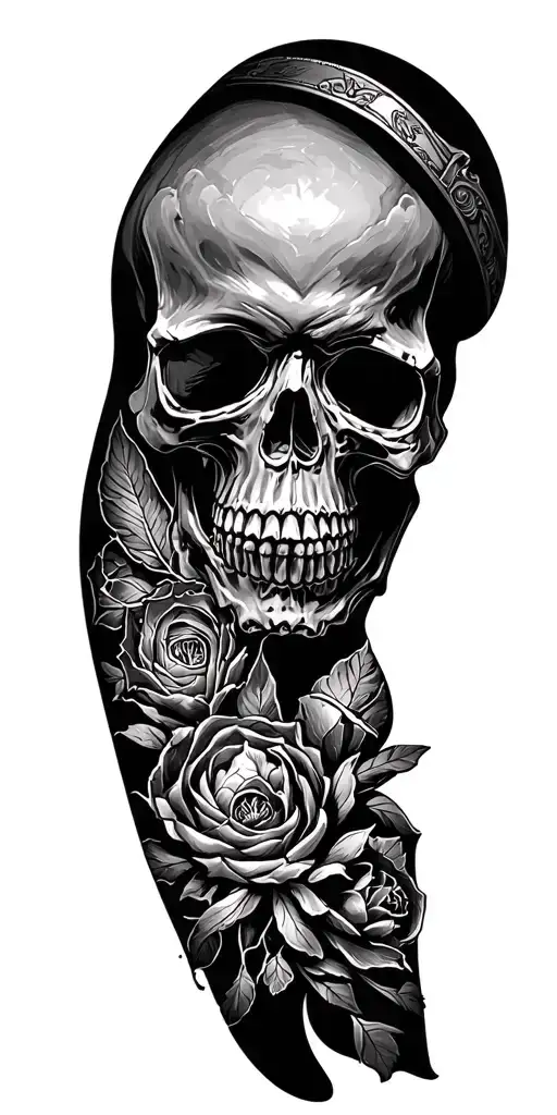 Black and Grey "Skull Arm Sleeve Tattoo Featuring..." Tattoo - BlackInk AI