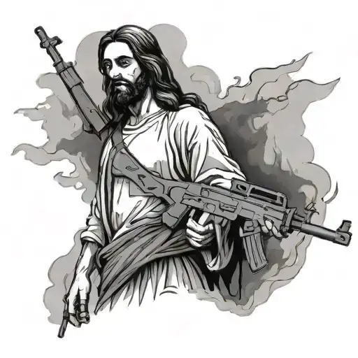 Black and Grey "Jesus Standing With Ak 47 Assault Rifle" Tattoo ...