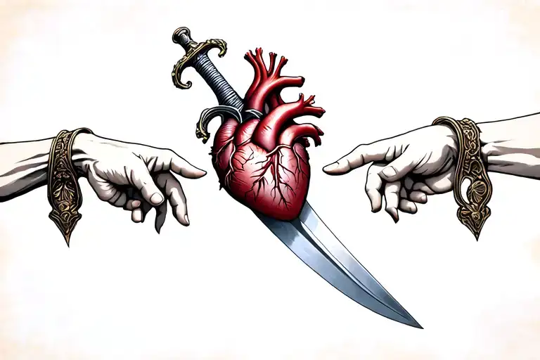 Surrealism "Sword With Two Hands Reaching One..." Tattoo - BlackInk AI