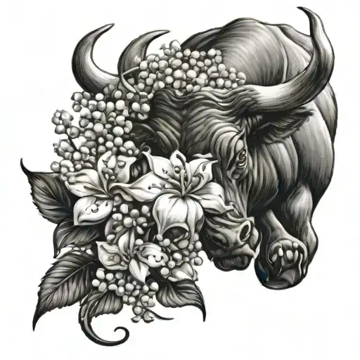 Black and Grey "Mean Bull And Lily Of The Valley Flowers" Tattoo ...