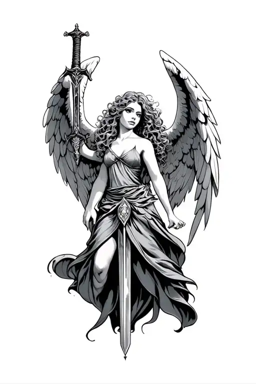 Black and Grey "Female Curly Angel With Sword" Tattoo - BlackInk AI