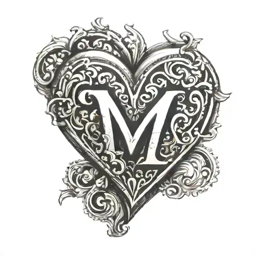 Black and Grey "Letter M Heart Shaped Locket" Tattoo - BlackInk AI