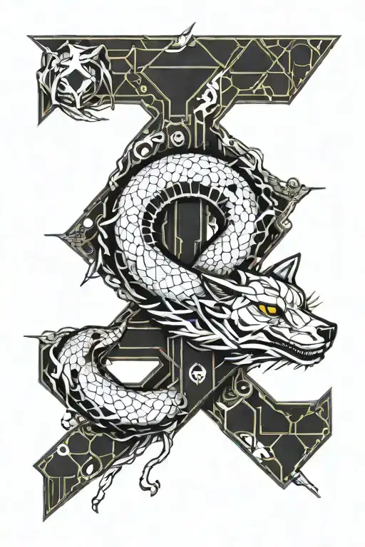 Cyber Sigilism "K2 With Fox And Snake Wrapping" Tattoo - BlackInk AI