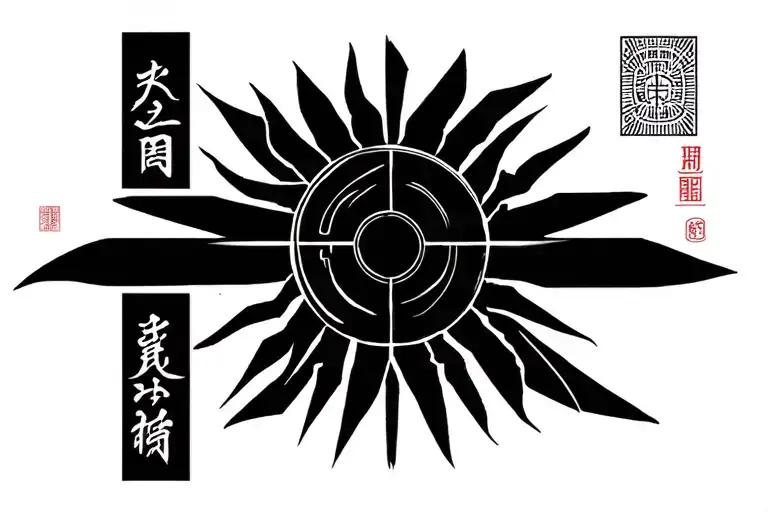 Geometric "Kyo Kusanagi Sun With Tatakae In..." Tattoo - BlackInk AI