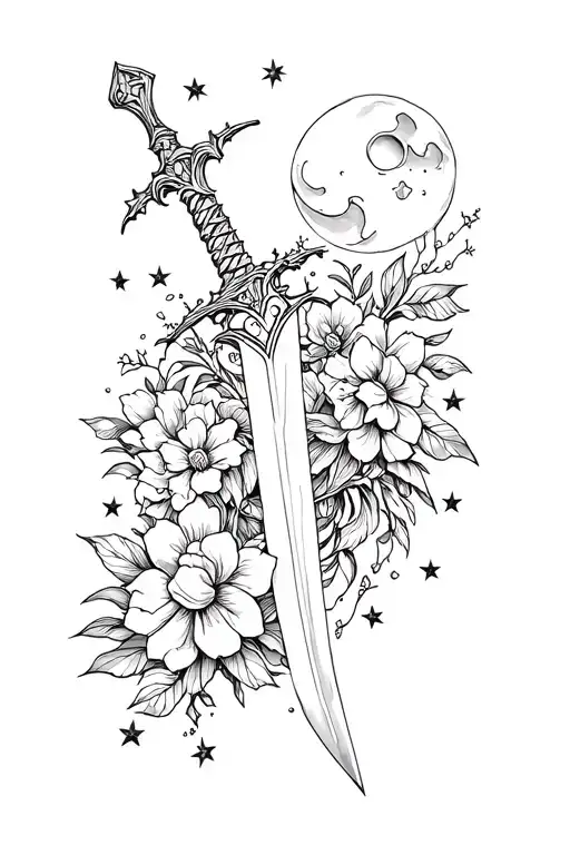 Sketch "Sword, Stars, Moon, Flowers Intertwined" Tattoo - BlackInk AI
