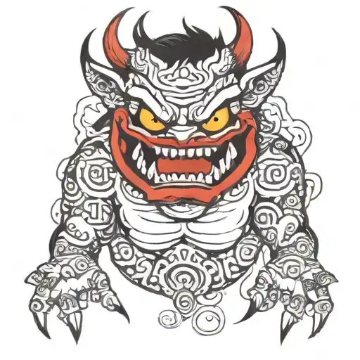 Japanese "Black Red Demon On Belly Smile Eyes..." Tattoo - BlackInk AI