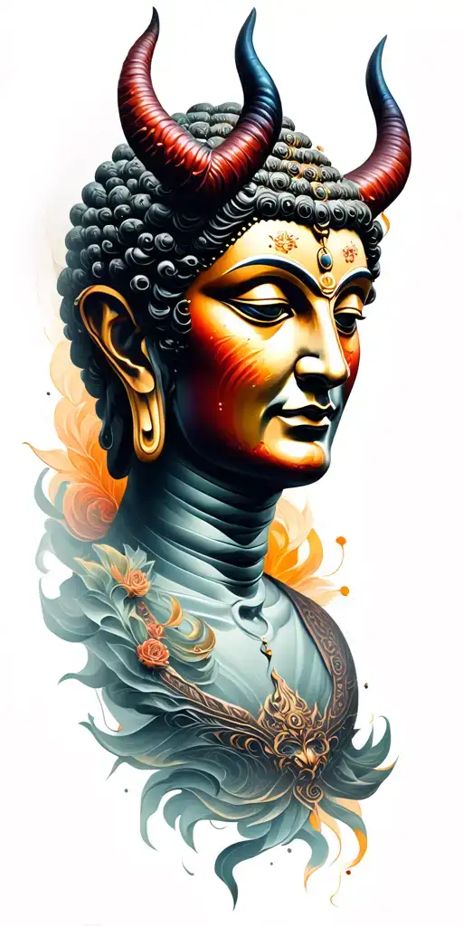 Surrealism "Buda Half Meditating Devil Face Tattoo" Tattoo - BlackInk AI